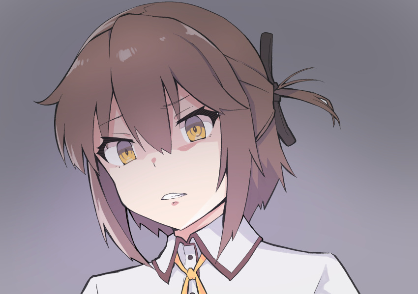 Safebooru - 1girl black ribbon brown hair collared shirt commentary request disgust etou kanami ...