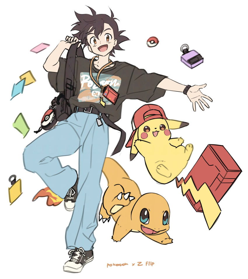 Safebooru - 1boy ash ketchum backwards hat bag baseball cap belt black bag black hair blue eyes ...