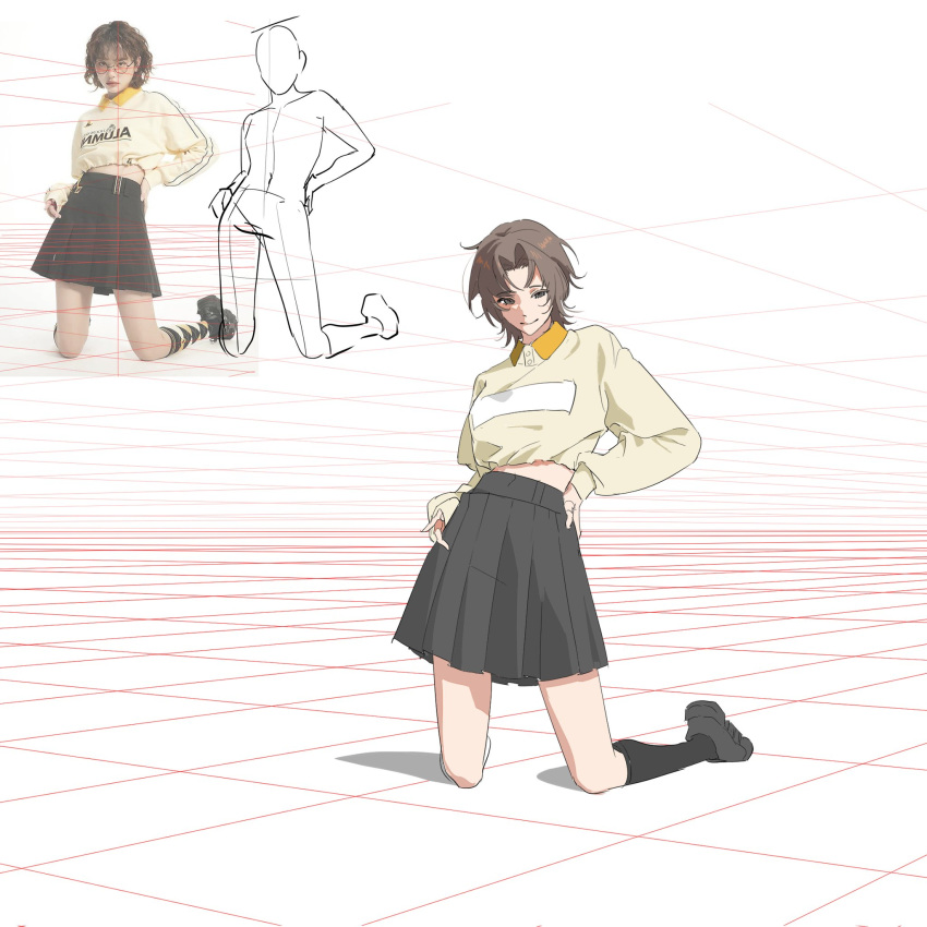 Safebooru - 1girl black footwear black skirt black socks breasts brown hair collared shirt ...