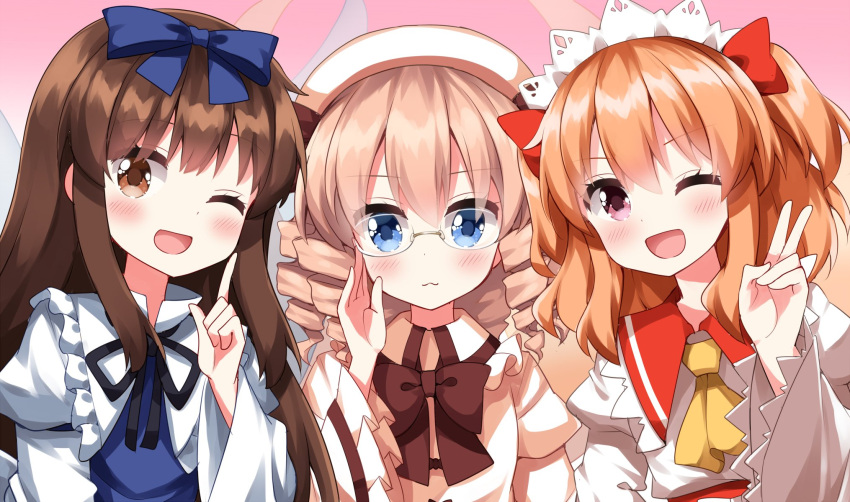 Safebooru - 3girls :3 ;d adjusting eyewear ascot bespectacled black ribbon blonde hair blue bow ...