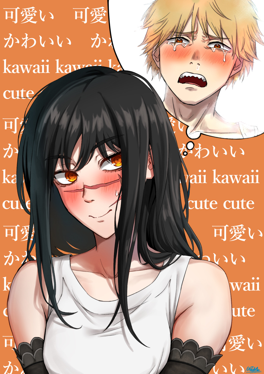 Safebooru - 1boy 1girl black hair black sleeves blonde hair blush chainsaw man closed mouth ...