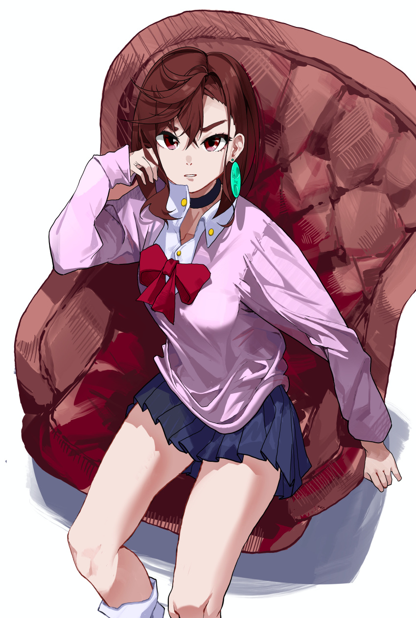 Safebooru - 1girl absurdres ayase momo black choker blue skirt bow brown eyes brown hair chair ...