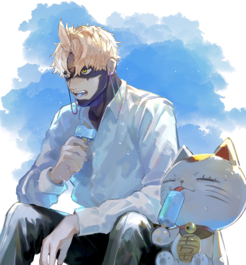 Safebooru - 1boy absurdres animal ears bell black pants blonde hair ...