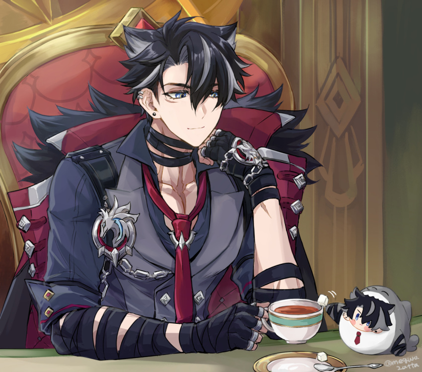 Safebooru - 1boy animal costume artist name bandaged arm bandaged neck bandages black coat black ...