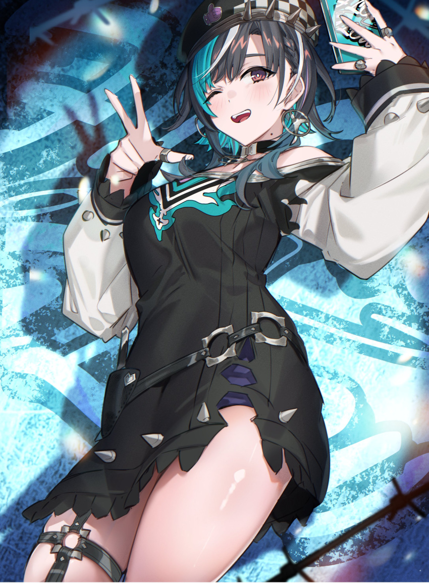 Safebooru - 1girl absurdres aqua hair belt beret black belt black choker black hair black hat ...