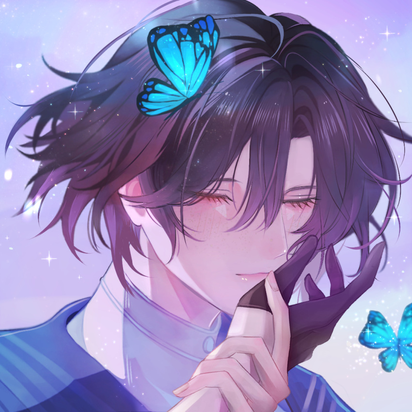 Safebooru - 1boy 1girl black hair blue butterfly bug butterfly closed eyes closed mouth ...