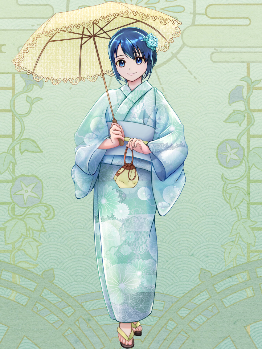 Safebooru - 1girl aqua kimono blue eyes blue hair dairoku ryouhei flower full body green ...