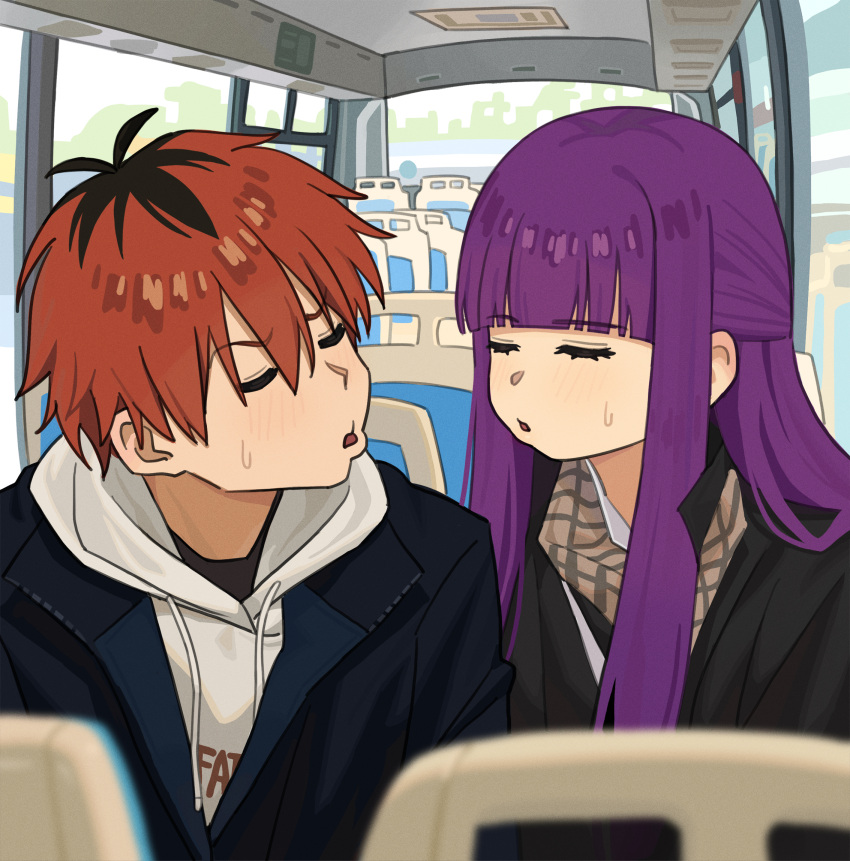 Safebooru - 1boy 1girl alternate costume black hair blunt bangs blush bus interior closed eyes ...