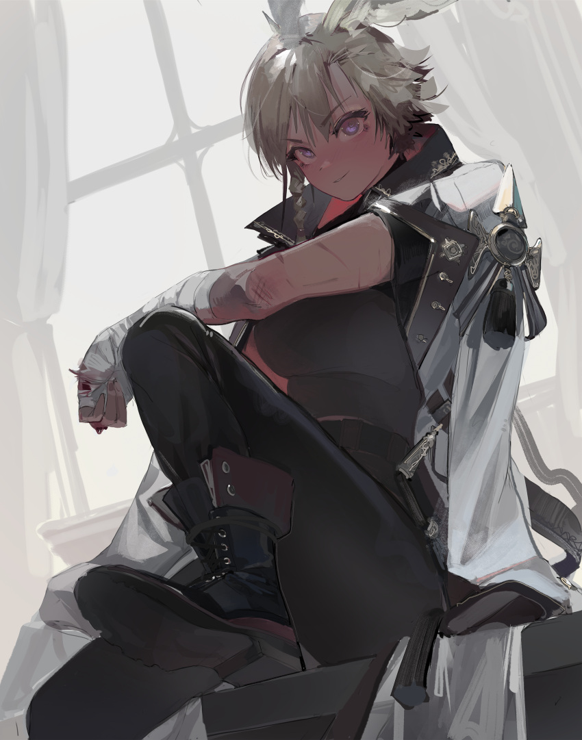 Safebooru - 1girl absurdres bandaged arm bandages black pants black shirt braid commission desk ...