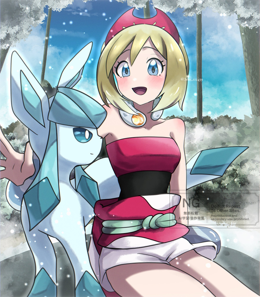 Safebooru - 1girl blonde hair blue eyes blush glaceon highres irida (pokemon) japanese clothes ...