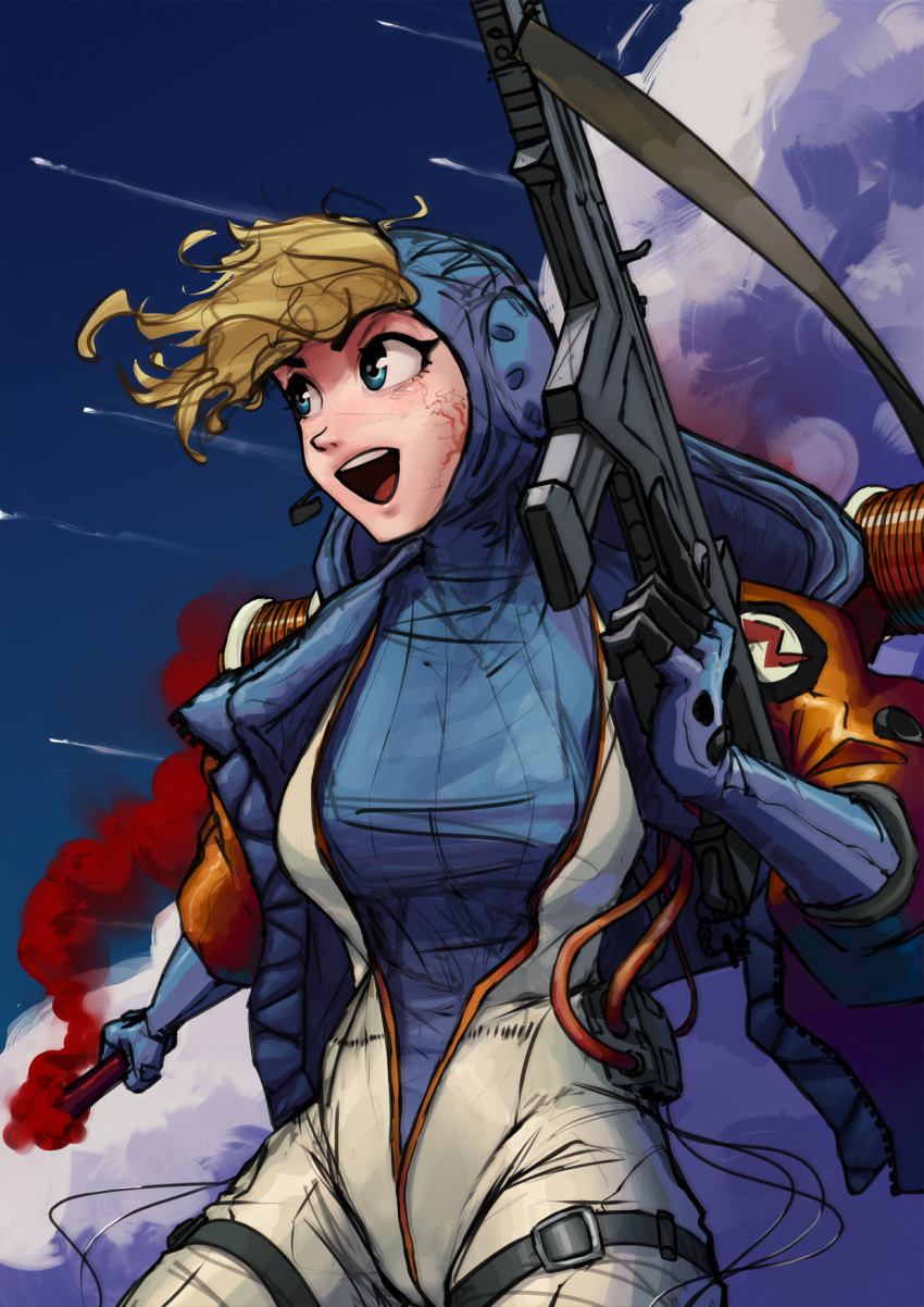 Safebooru - 1girl apex legends assault rifle backpack bag blue bodysuit ...