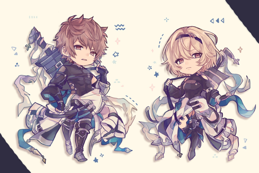 Safebooru - 1boy 1girl armored boots belt blonde hair boots brown hair djeeta (granblue fantasy ...