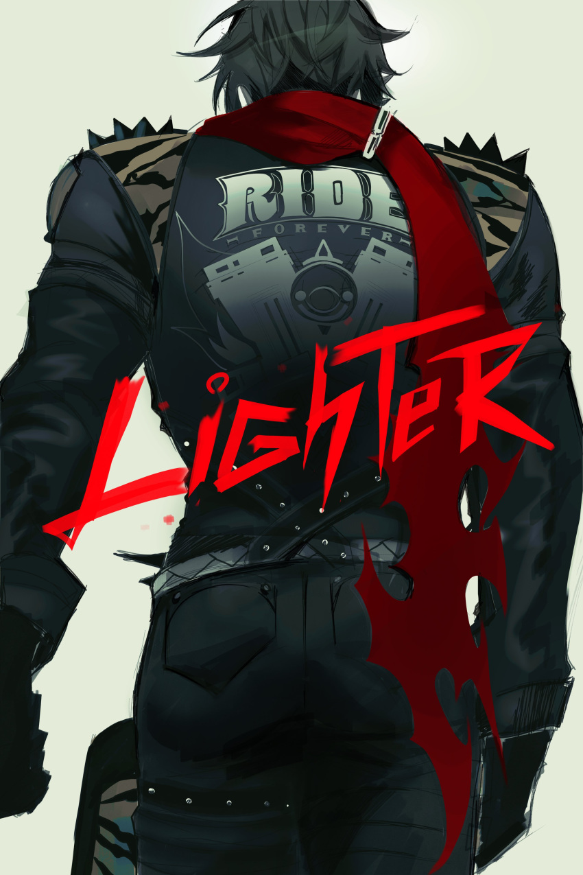 Safebooru - 1boy absurdres animal print belt black jacket black pants character name from behind ...