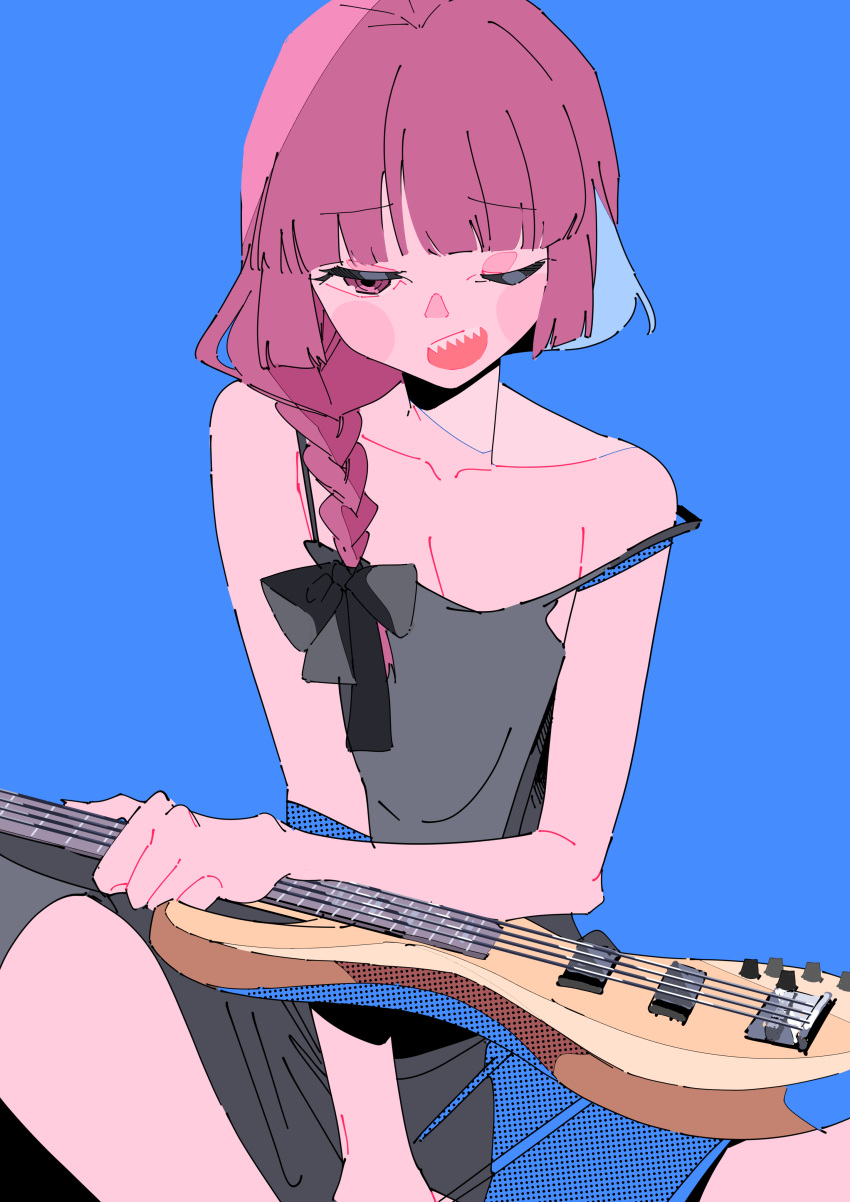 Safebooru - 1girl absurdres bass guitar black bow blue background blunt bangs blush bocchi the ...