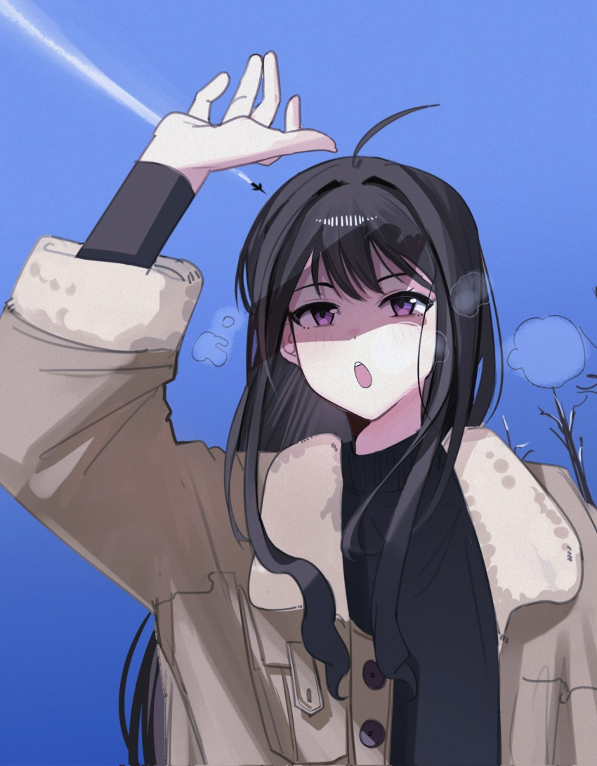 Safebooru - 1girl arm up awa subaru black hair black sweater blush ...