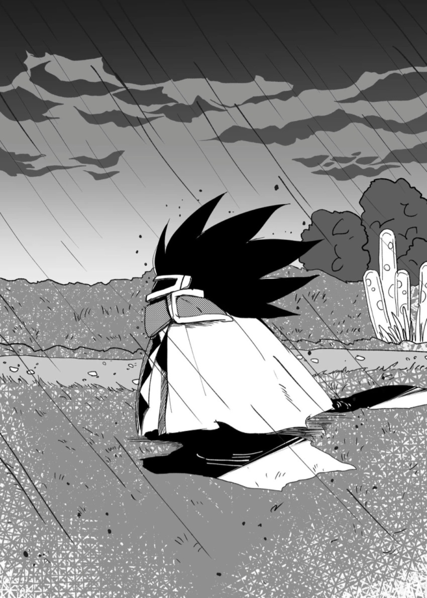 Safebooru - 1other armor cape chi (pixiv12989394) dark matter dark matter blade grass greyscale ...