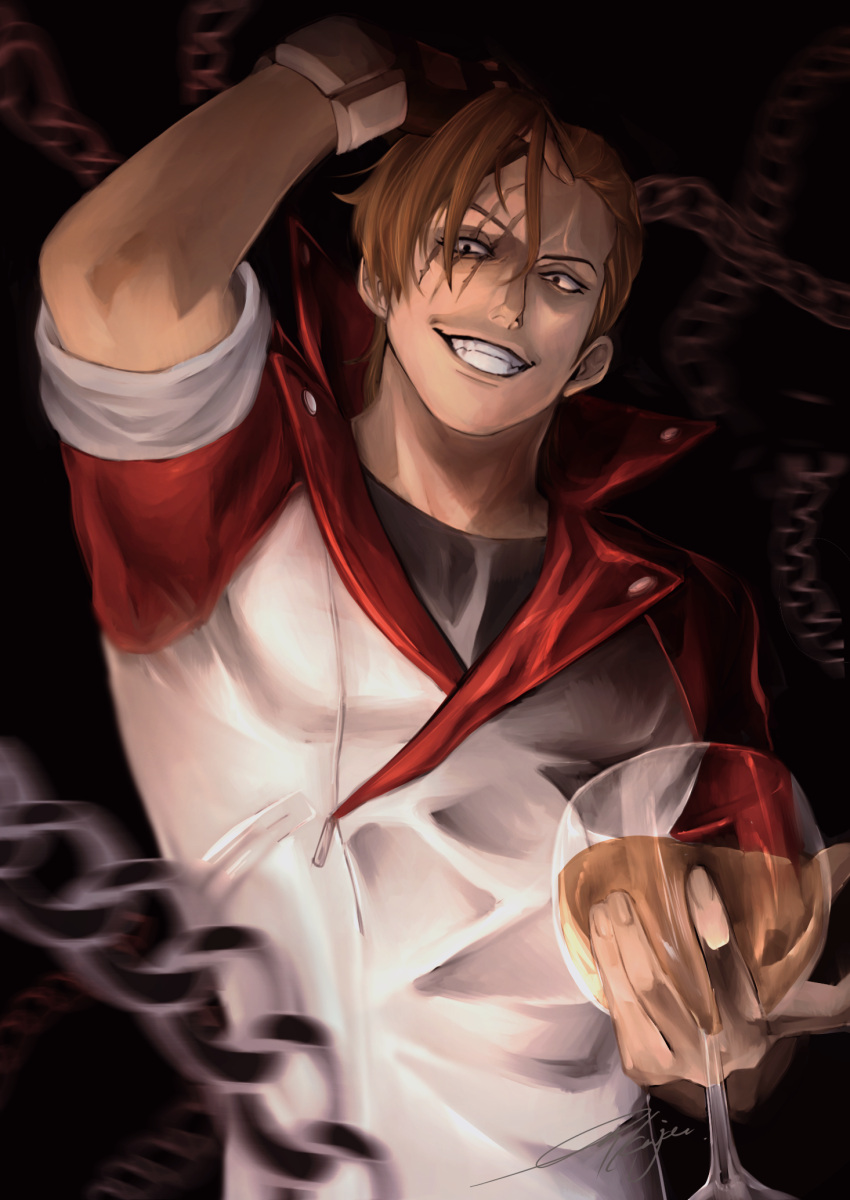 Safebooru - 1boy ace attorney arm up black background black undershirt brown gloves brown hair ...