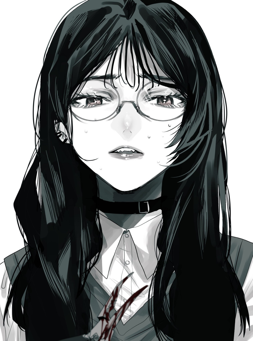 Safebooru - 1girl blood choker collared shirt commentary dress shirt ...