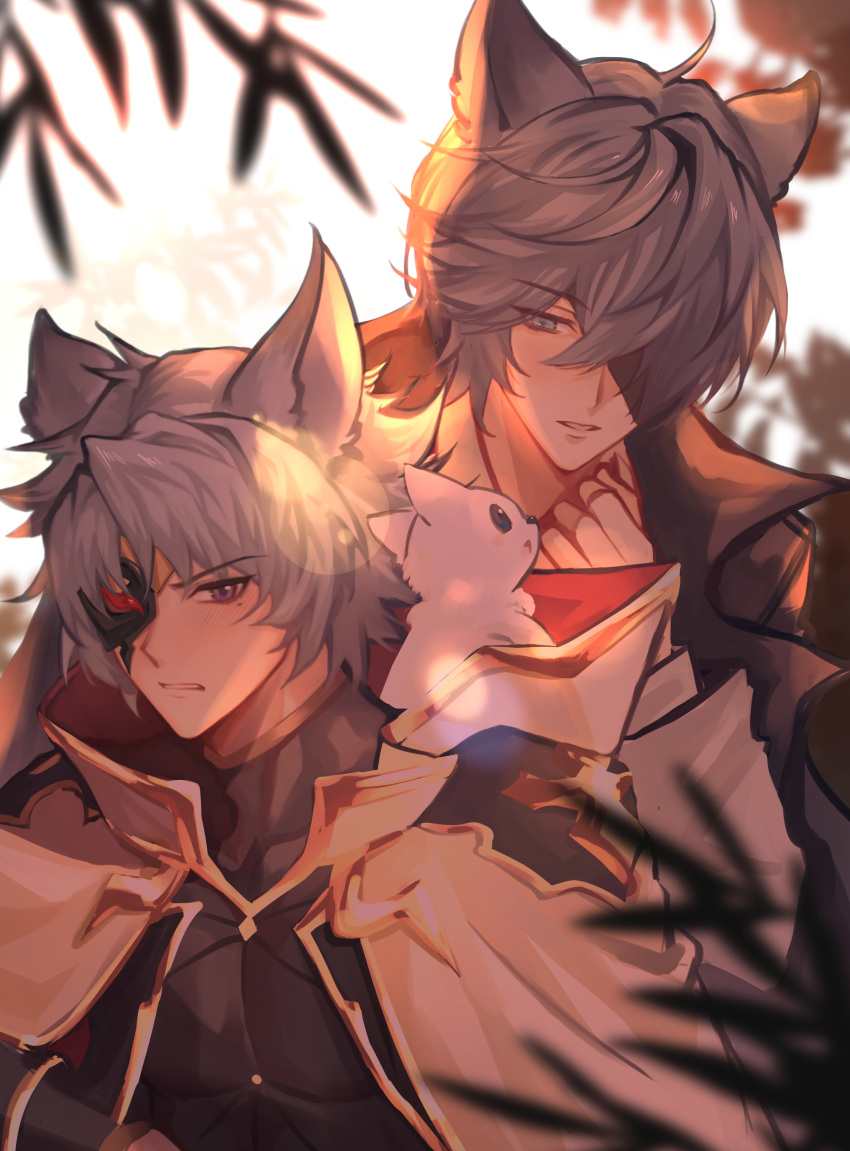 Safebooru - 2boys absurdres animal ears blue eyes cape coat coat on shoulders collared shirt ...