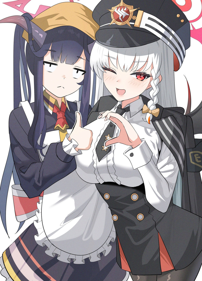 Safebooru - 2girls apron black hair black horns black necktie black wings blue archive braid ...