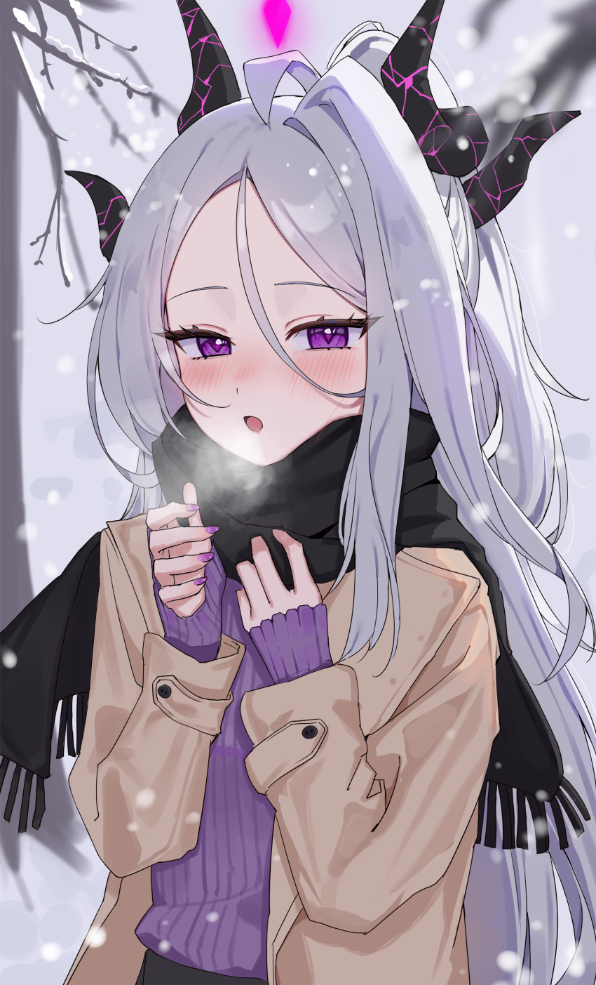 Safebooru - 1girl absurdres ahoge black horns black scarf blue archive breath brown coat coat ...