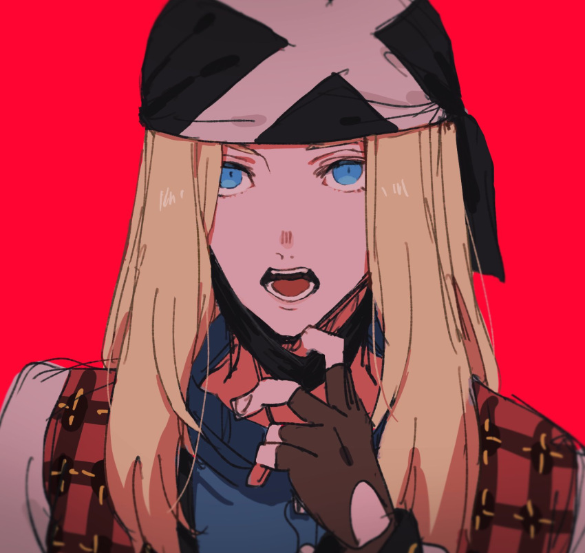 Safebooru - 1boy arm up axl low bandana black gloves blonde hair blue eyes blue shirt collared ...