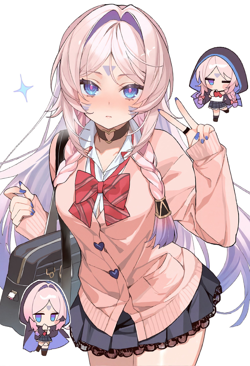 Safebooru - 1girl absurdres bag black choker black skirt blue eyes blue nails bow cape chibi ...