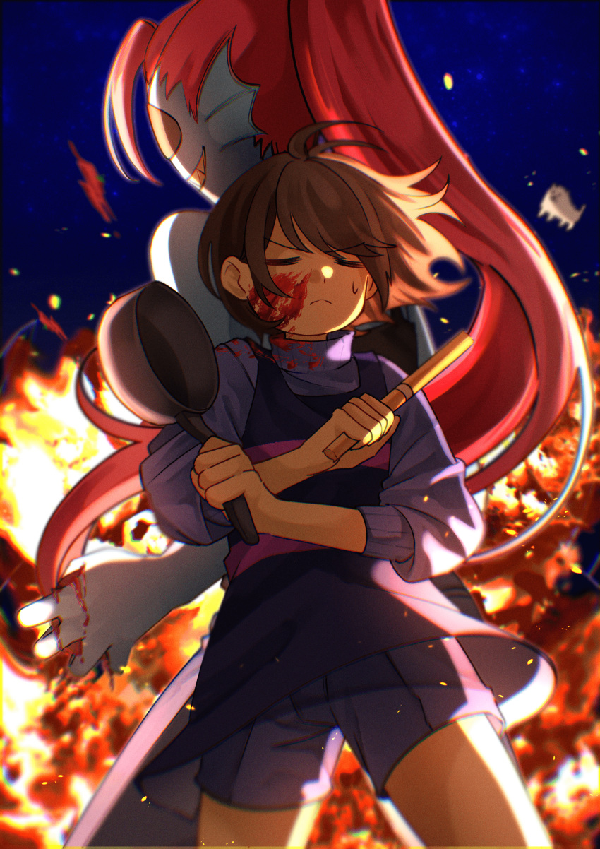 Safebooru - 1girl 1other absurdres annoying dog back-to-back blood blue ...