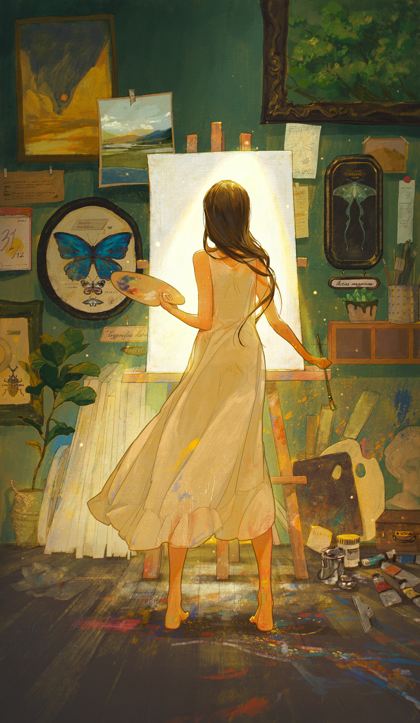 Safebooru - 1girl brown hair bug bust (sculpture) butterfly dress ...