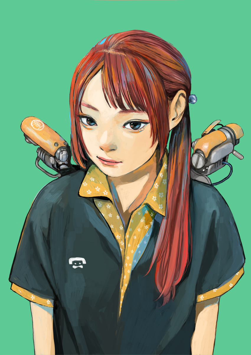 Safebooru - 1girl absurdres black shirt brown hair closed mouth collared shirt green background ...