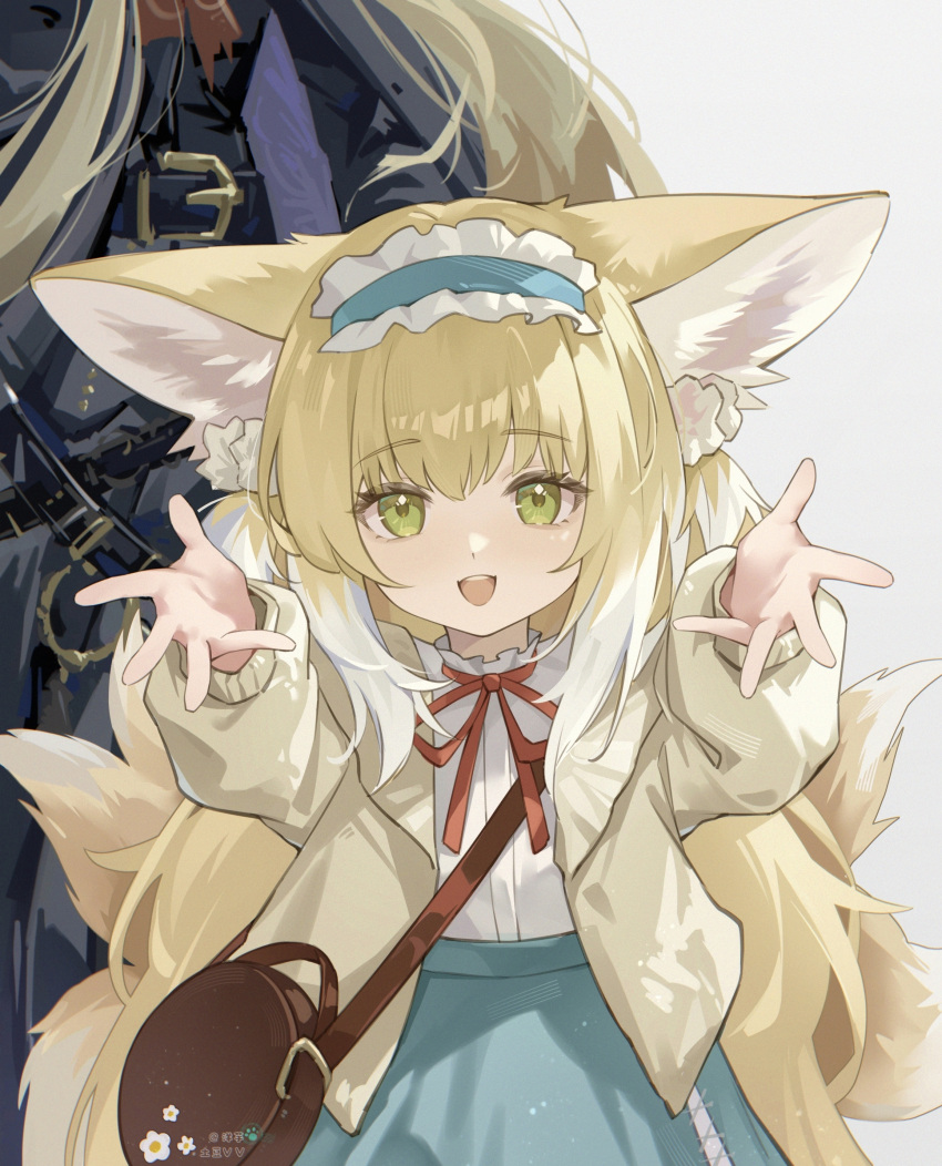 Safebooru - 2girls absurdres animal ears aqua hairband aqua skirt arknights bag belt buckle ...