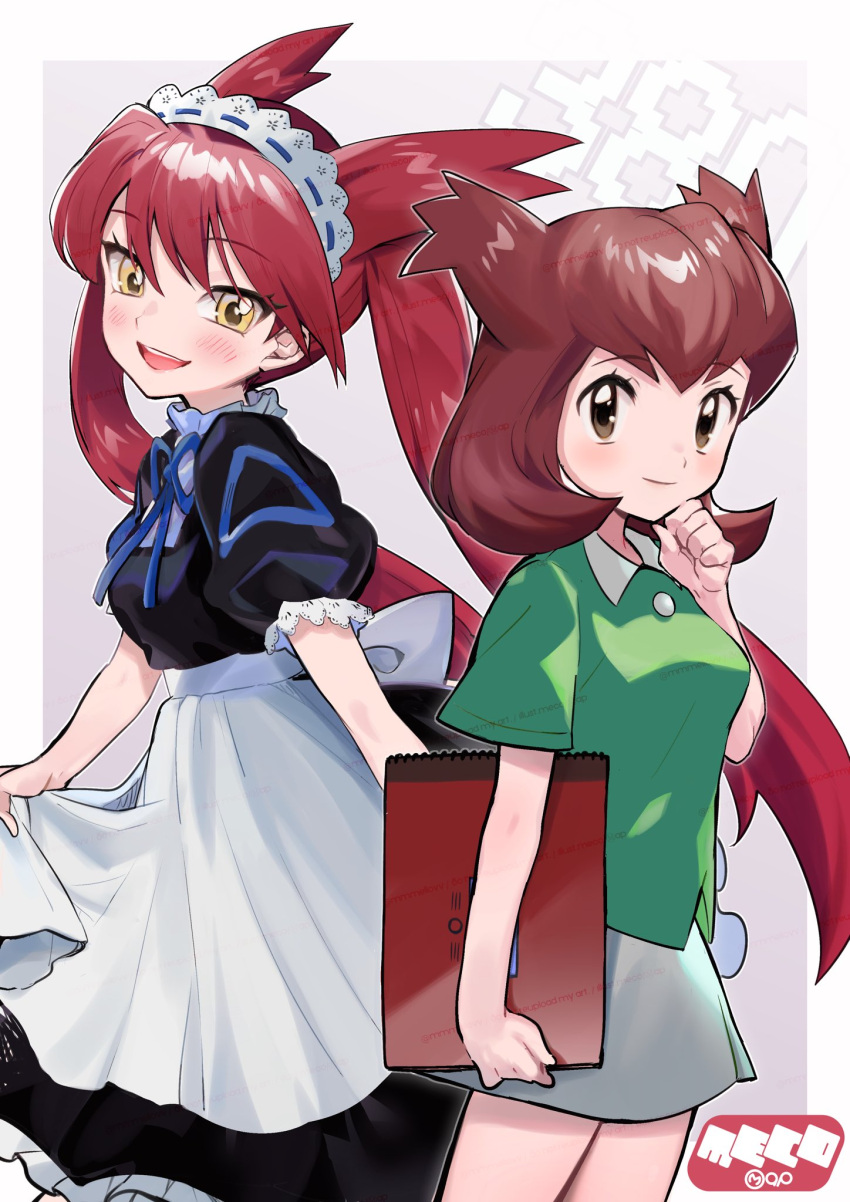 Safebooru - 2girls :d abe (kumayu) apron bianca (pokemon heroes) black ...