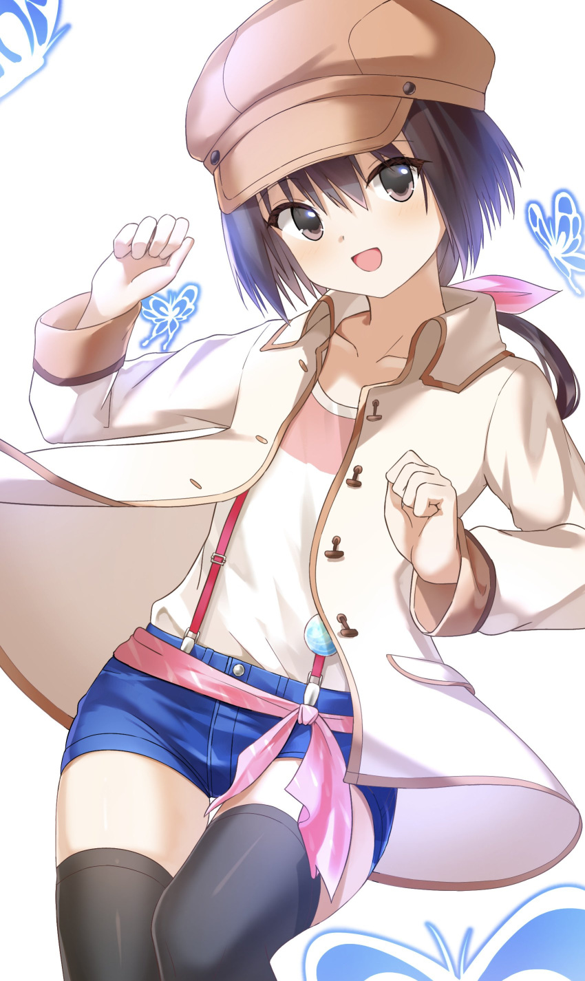 Safebooru - 1girl :d absurdres black thighhighs blue butterfly blue shorts blush brown eyes ...