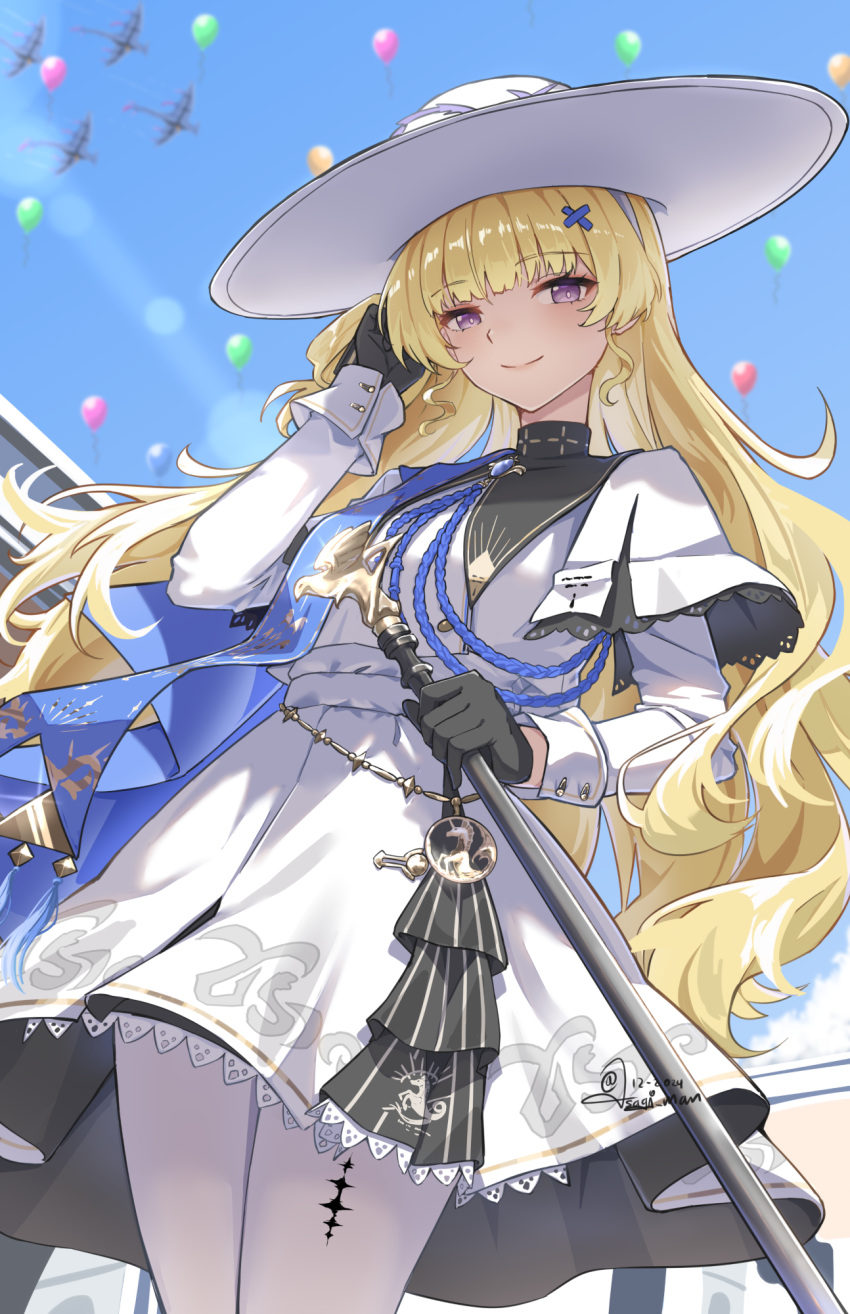 Safebooru - 1girl as4gi balloon black collar black gloves blonde hair blue sky breasts cane ...