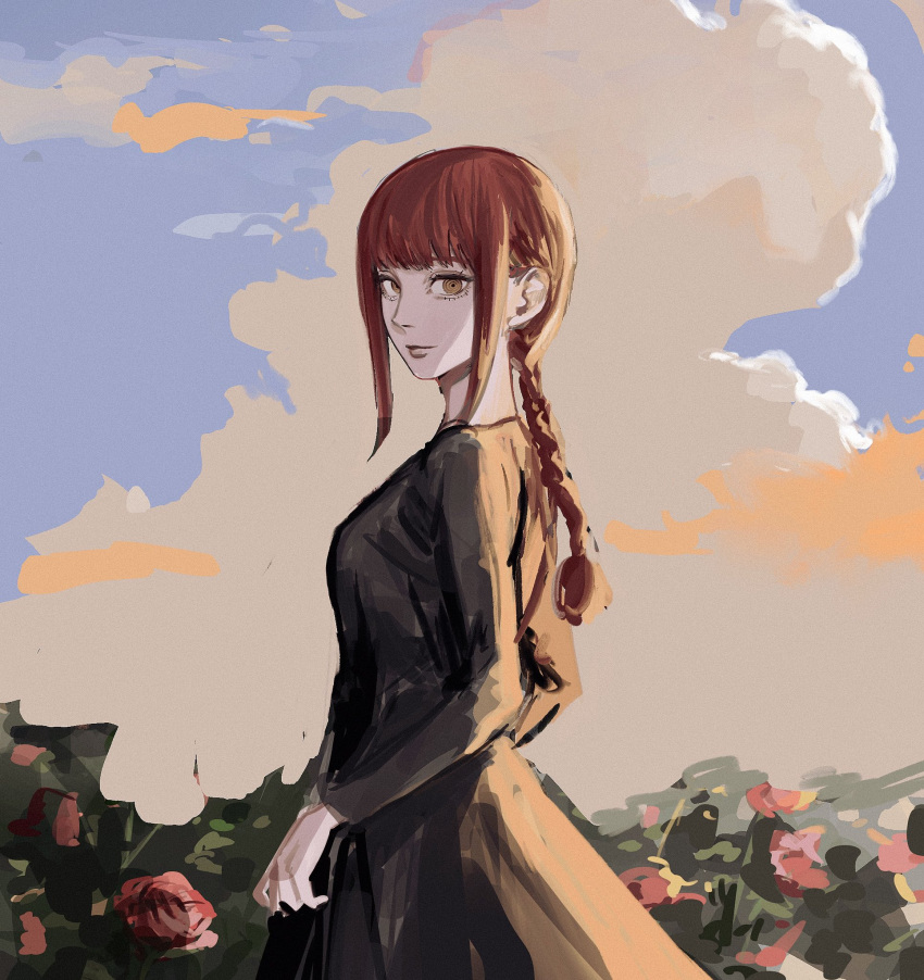 Safebooru - 1girl bangs black dress blue sky braid braided ponytail chainsaw man clouds cloudy ...