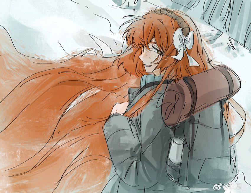 Safebooru - 1girl backpack bag bow freckles from behind grey jacket ...