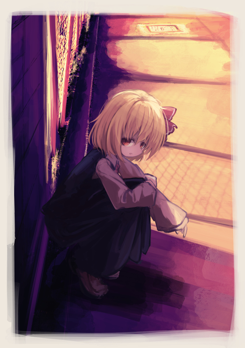 Safebooru - 1girl absurdres black skirt black vest blonde hair border brown footwear from side ...