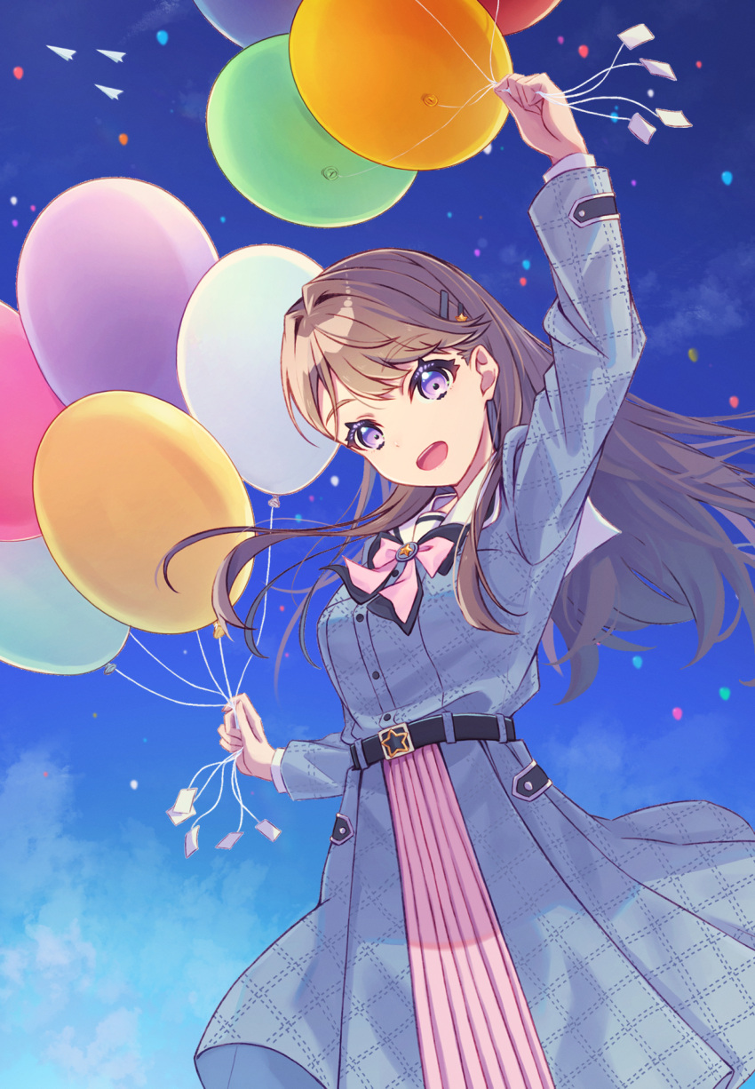 Safebooru - 1girl :d balloon blue sky blush bow bowtie breasts brown hair commentary dress ...