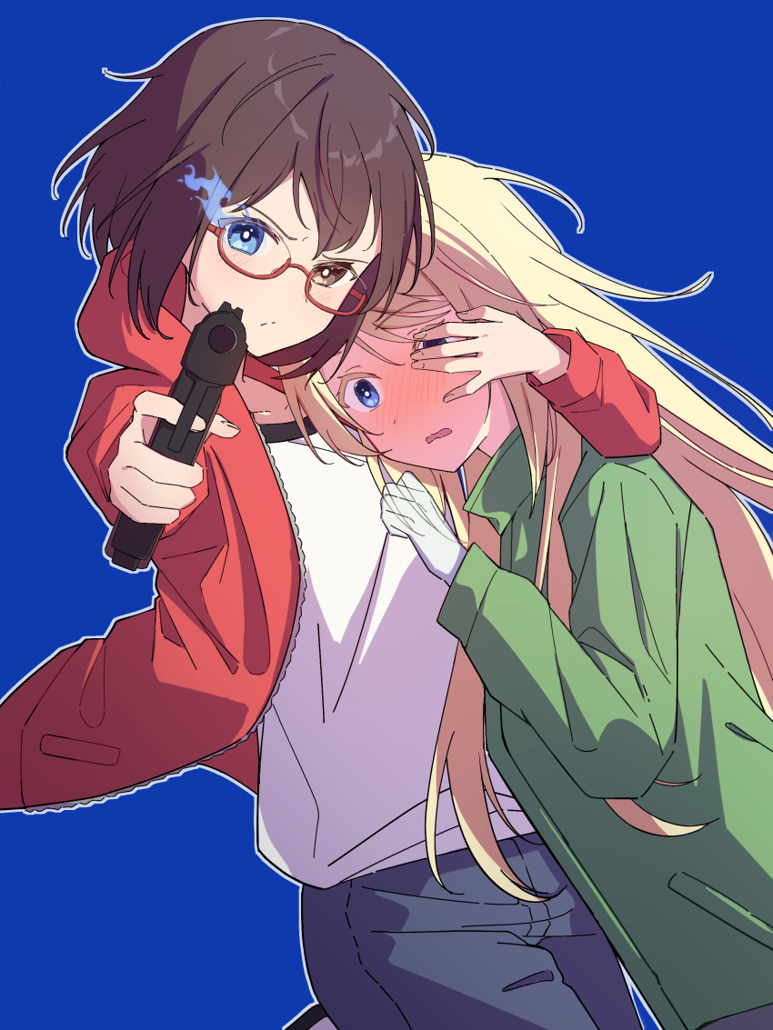 Safebooru - 2girls absurdres black hair blonde hair blue background blush coat eydhtn73bguru8r ...
