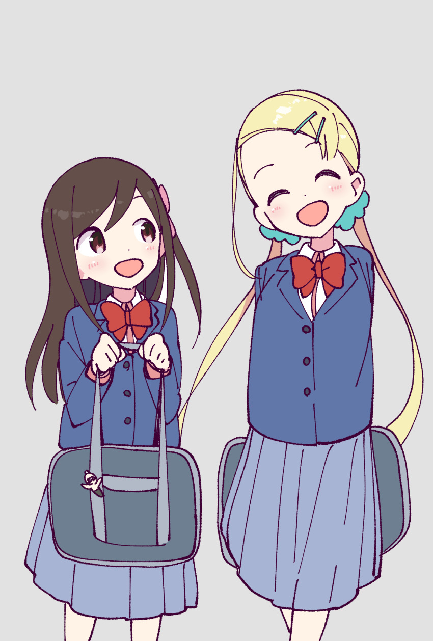 Safebooru - 2girls :d arms behind back bag blazer blonde hair blush bow ...