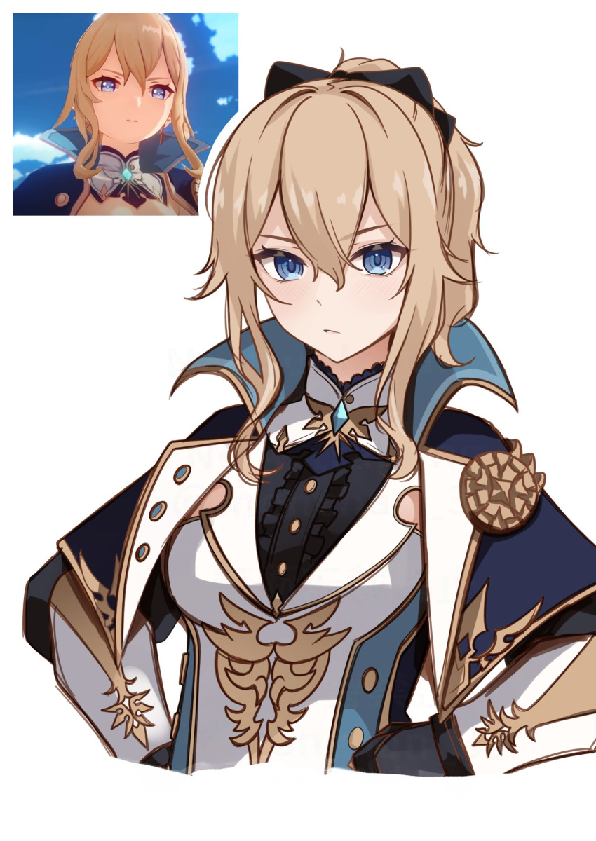 Safebooru - 1girl black bow blonde hair blue capelet blue eyes bow ...
