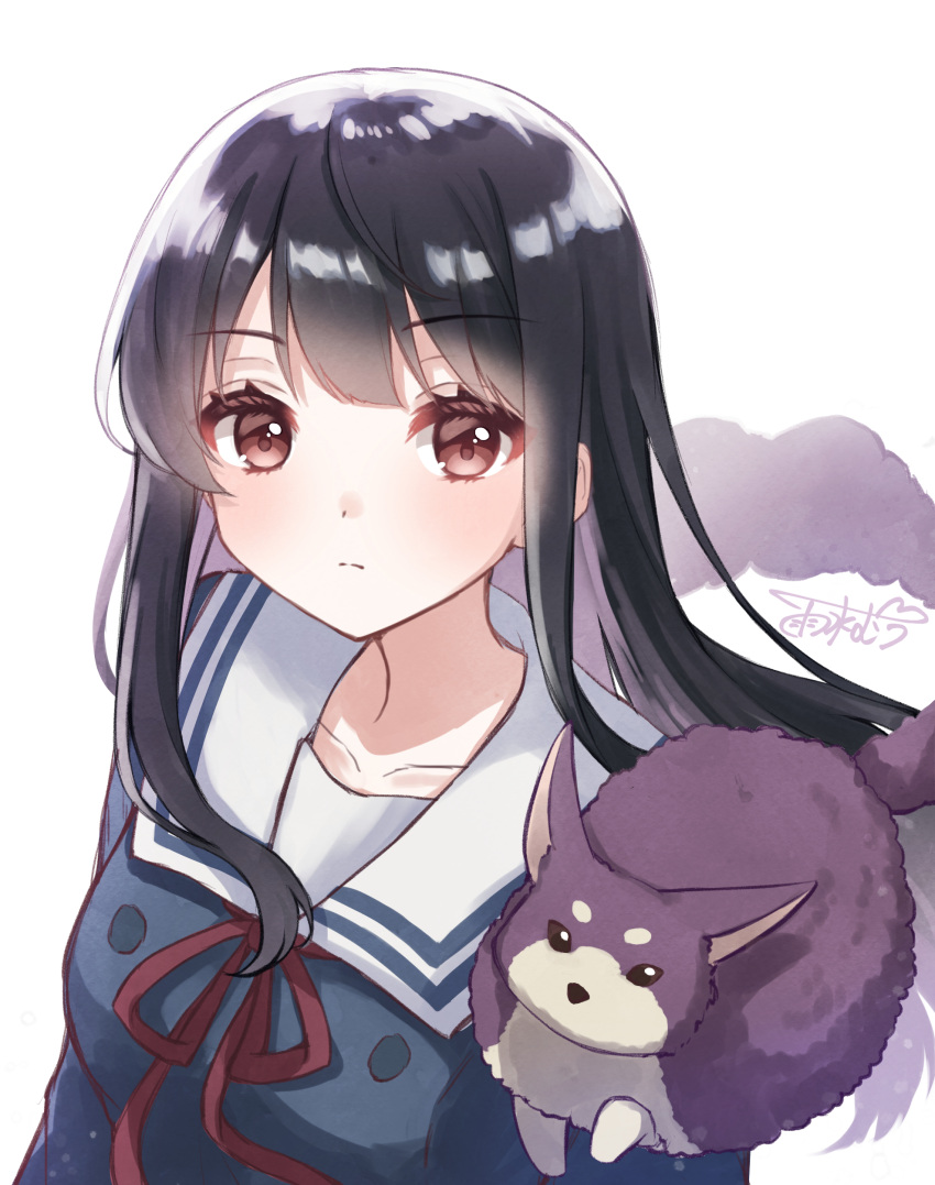 Safebooru - 1girl absurdres animal on shoulder arms at sides black hair blue shirt blush closed ...