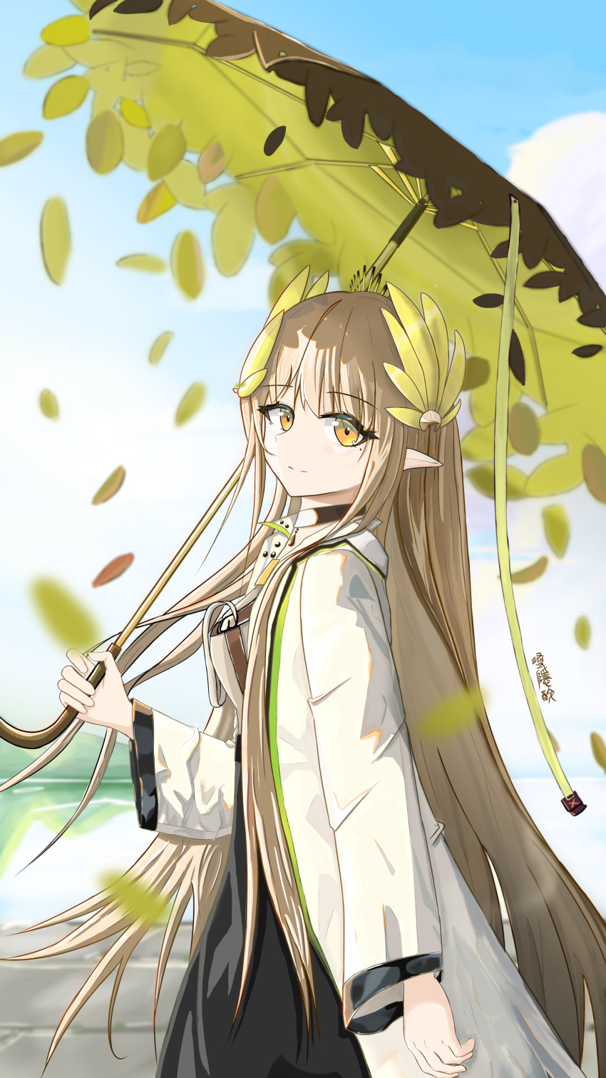 Safebooru - 1girl absurdres arknights arm at side artist name blue sky blurry blurry foreground ...