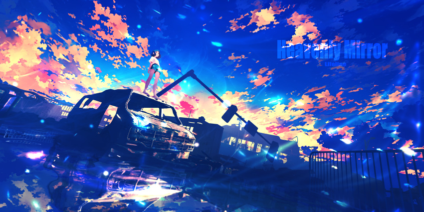Safebooru - 1girl absurdres bare legs black eyes blue hair blue shorts blue sky bus chinese ...