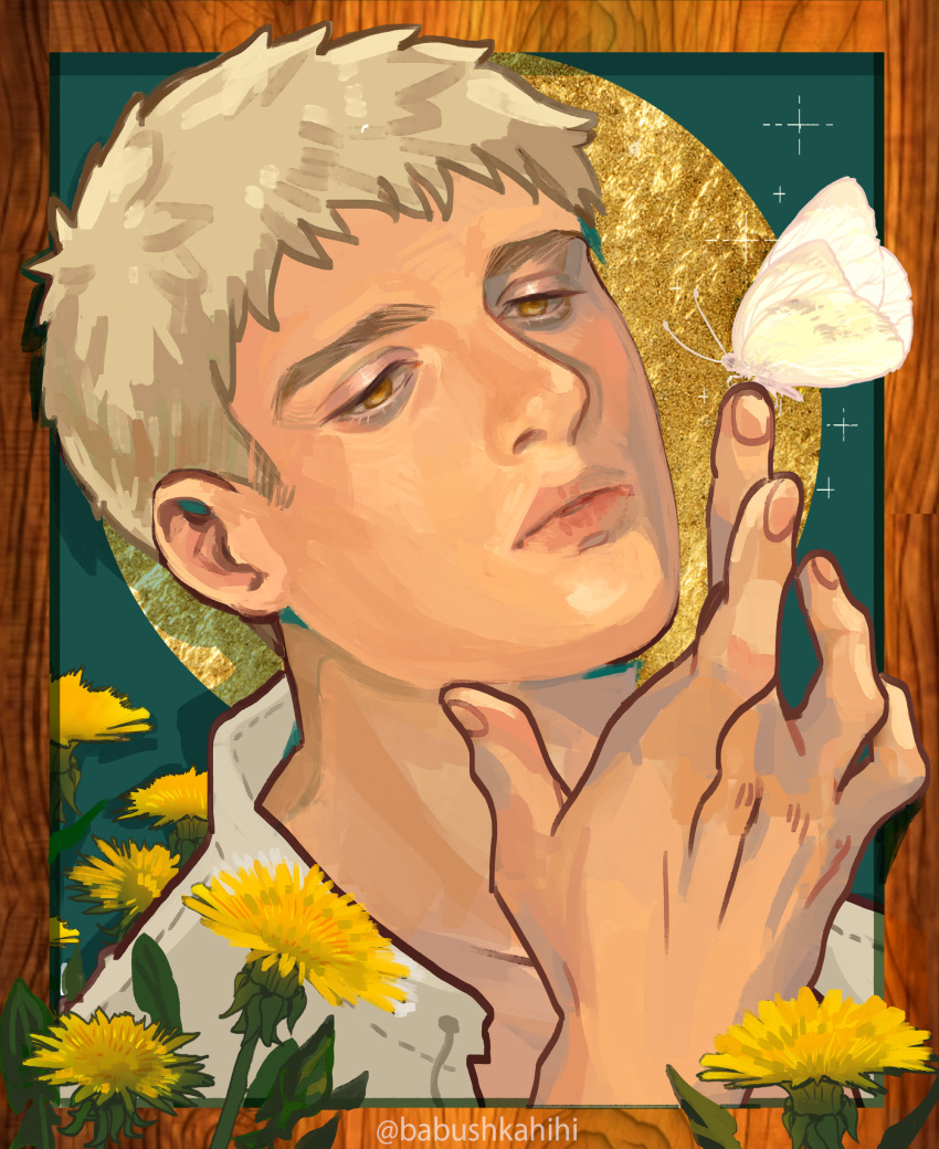 Safebooru - 1boy absurdres animal antennae arm up babu (babushkahihi) blonde hair border brown ...