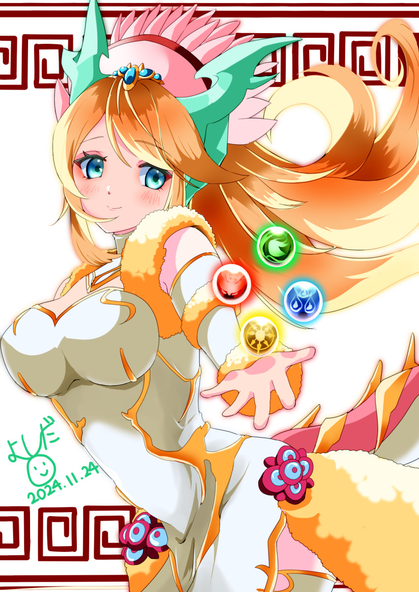 Safebooru - 1girl blonde hair blue eyes breasts dragon girl dragon tail elbow gloves fur trim ...