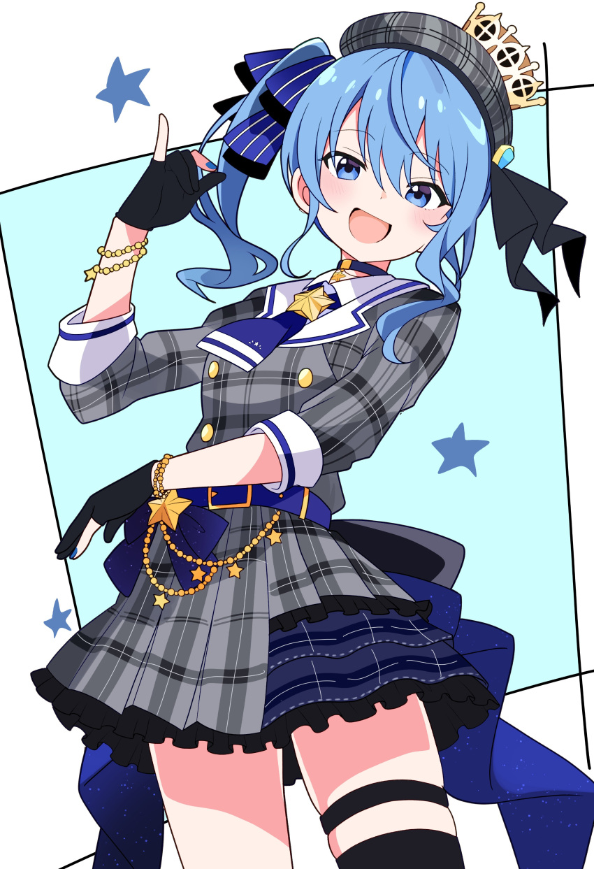 Safebooru - 1girl :d absurdres ascot back bow bead bracelet beads belt beret black gloves blue ...