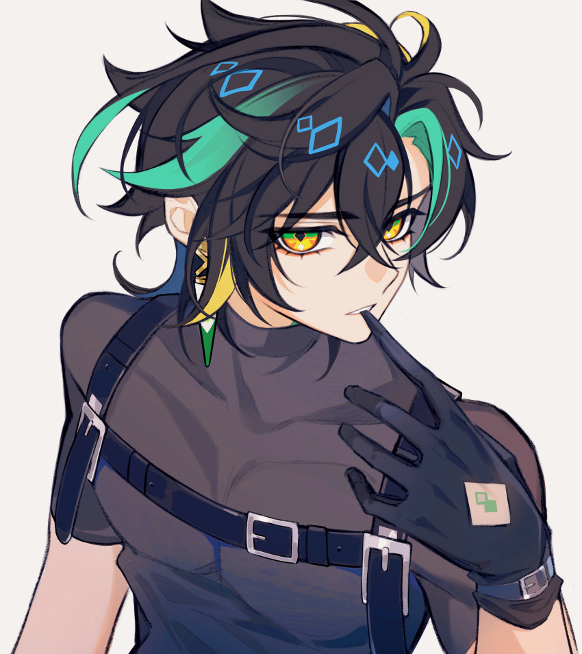 Safebooru - 1boy aqua hair black gloves black hair black shirt earrings genshin impact gloves ...
