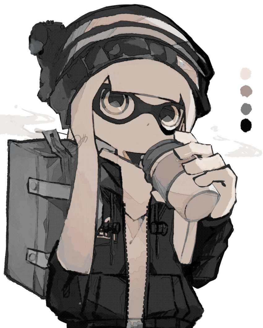Safebooru - 1girl bag beanie blunt bangs cup disposable cup greyscale ...