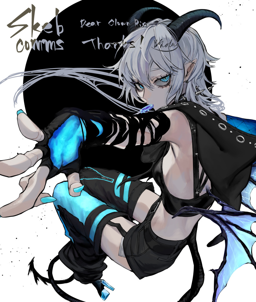 Safebooru - 1girl absurdres black horns blue eyes blue gloves blue nails breasts commission ...